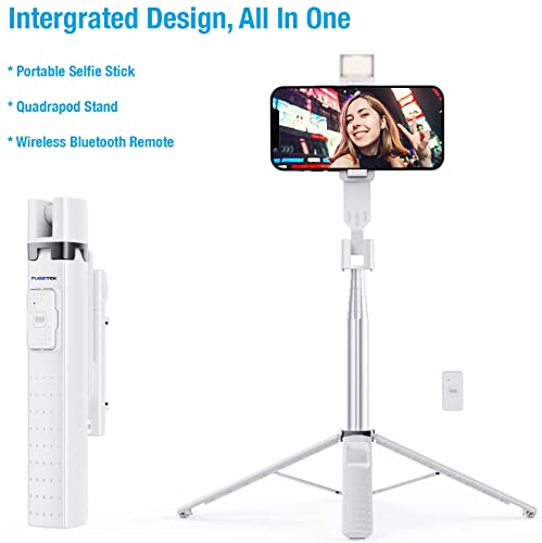 Fugetek 40'' Quadrapod Lighted Selfie Stick Stand, Lightweight 7oz, Wireless Bluetooth Remote, Patented Ultra Stable 4 Legs, 3 Onboard Light Modes, Compatible with iPhone & Android (White)