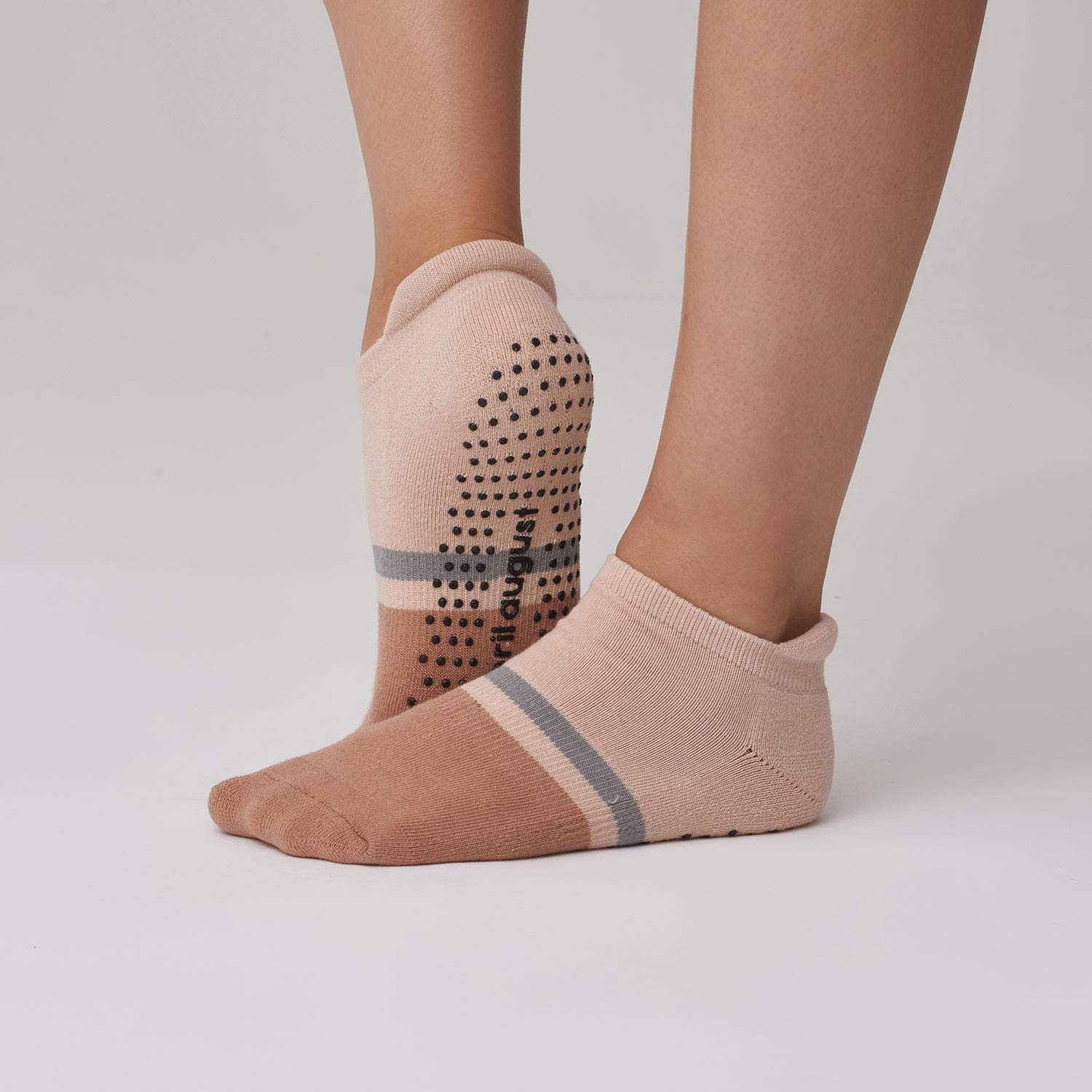 Aprilaugust Non Slip Grip Ankle Socks for Yoga, Pilates, Barre, Barefoot training and Running (G_Pink + Beige + Blue (3pairs), S/M)