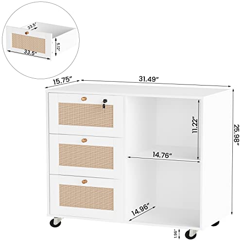 AWQM Wood Filing Cabinet with Lock,3 Drawers Office Storage Cabinet Printer Stand with Open Storage Shelves,Rattan Mobile File Cabinet for Home Office,White
