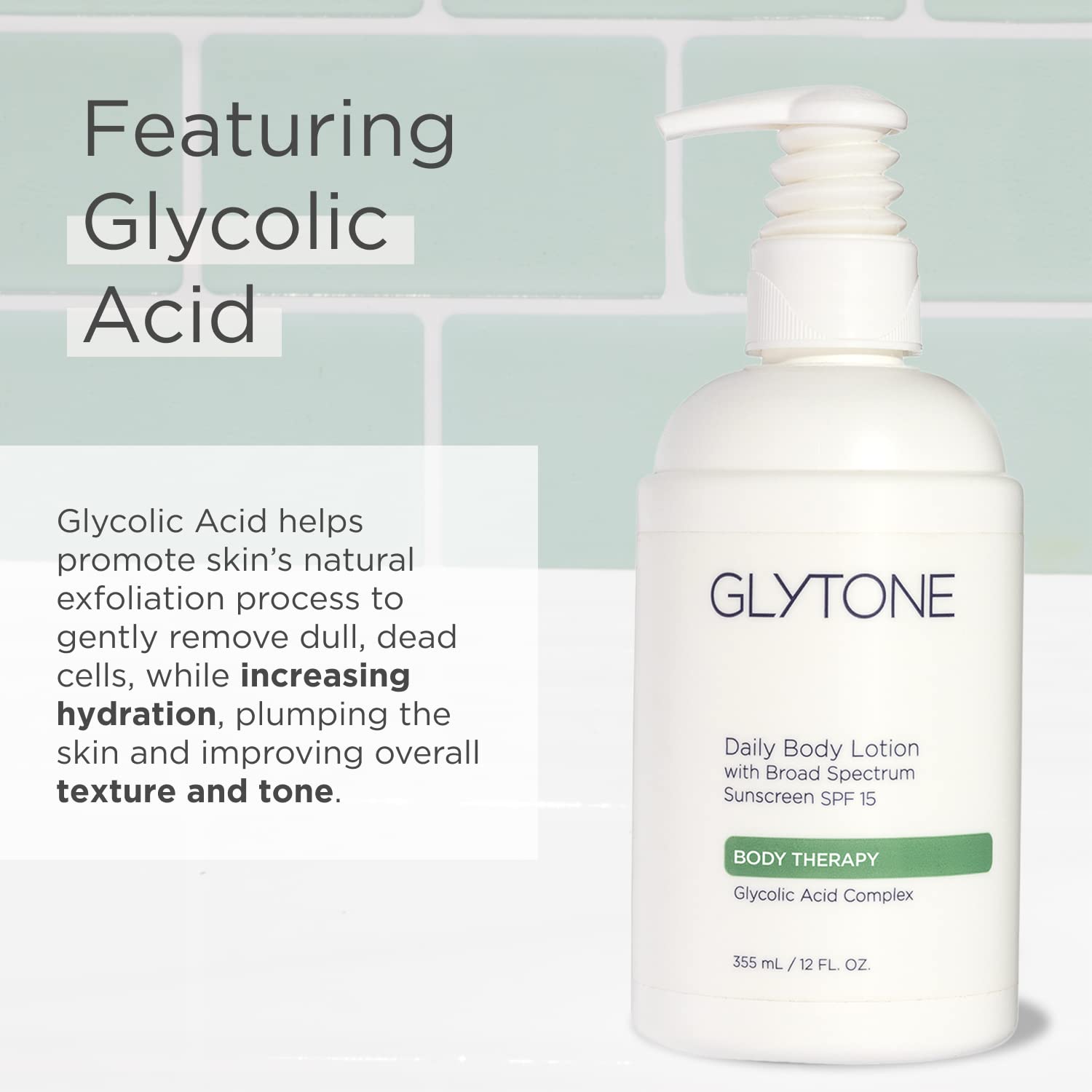 Glytone Daily Body Lotion Broad Spectrum SPF 15 with Glycolic Acid & Shea Butter, Retexturizing Moisturizer, Fragrance Free, 12 oz.