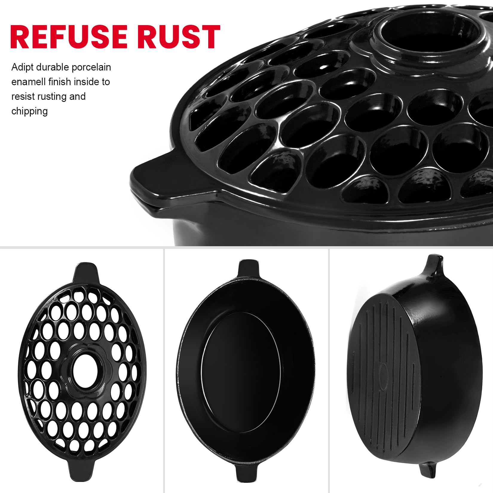 KIAADSY Wood Stove Steamer Rust-Proof, Fireplace Humidifier Pot, Round Hole Lid Cast Iron Steamer for Home Interior Humidification/Decoration, 2.3 Quart Capacity Enamel Black.