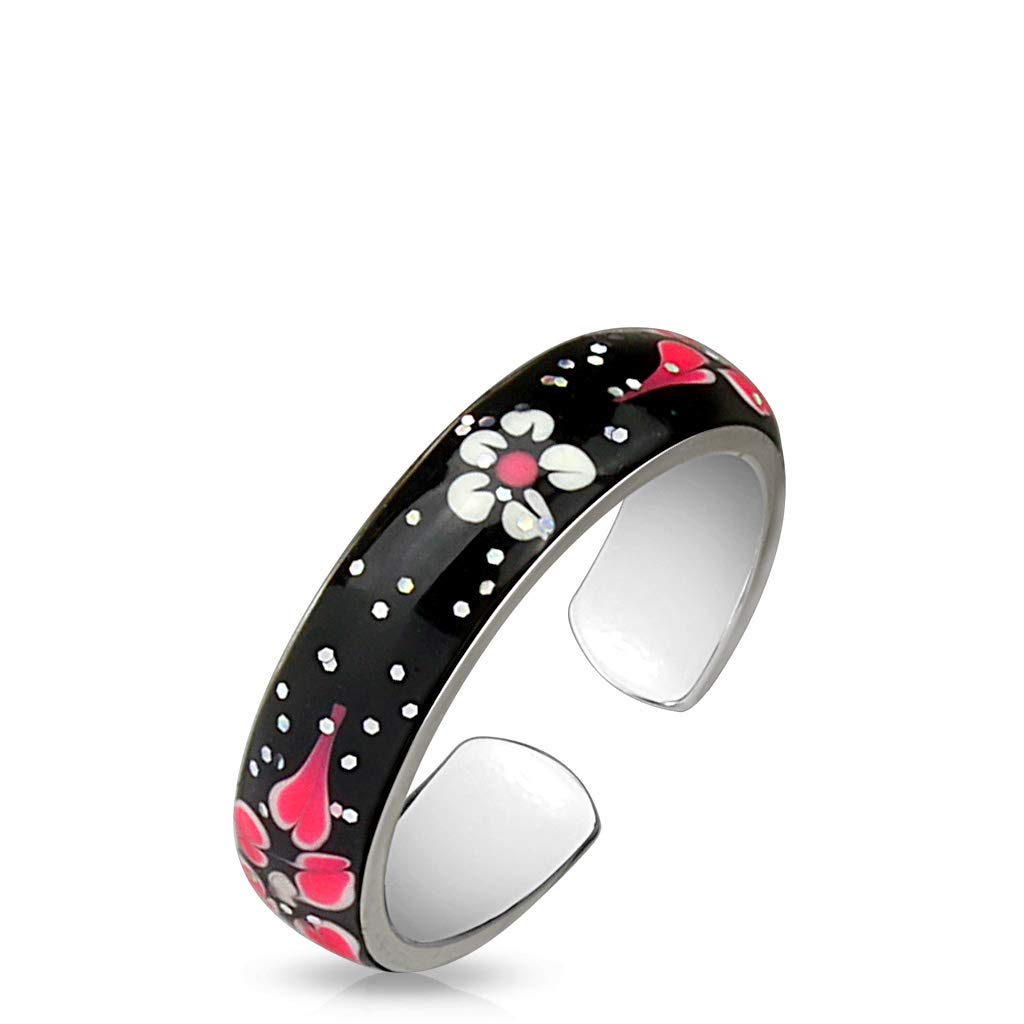 Adjustable Toe or Mid Ring Sparkle Enamel Painted Flowers (Black Enamel)