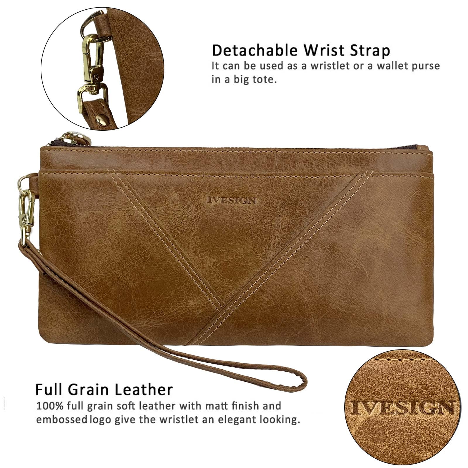 IVESIGN RFID Blocking Leather Wallet for Women, Genuine Leather Slim Wristlet Clutch with Phone Holder, Credit Card Organizer, Coin Purse & Removable Strap β Brown