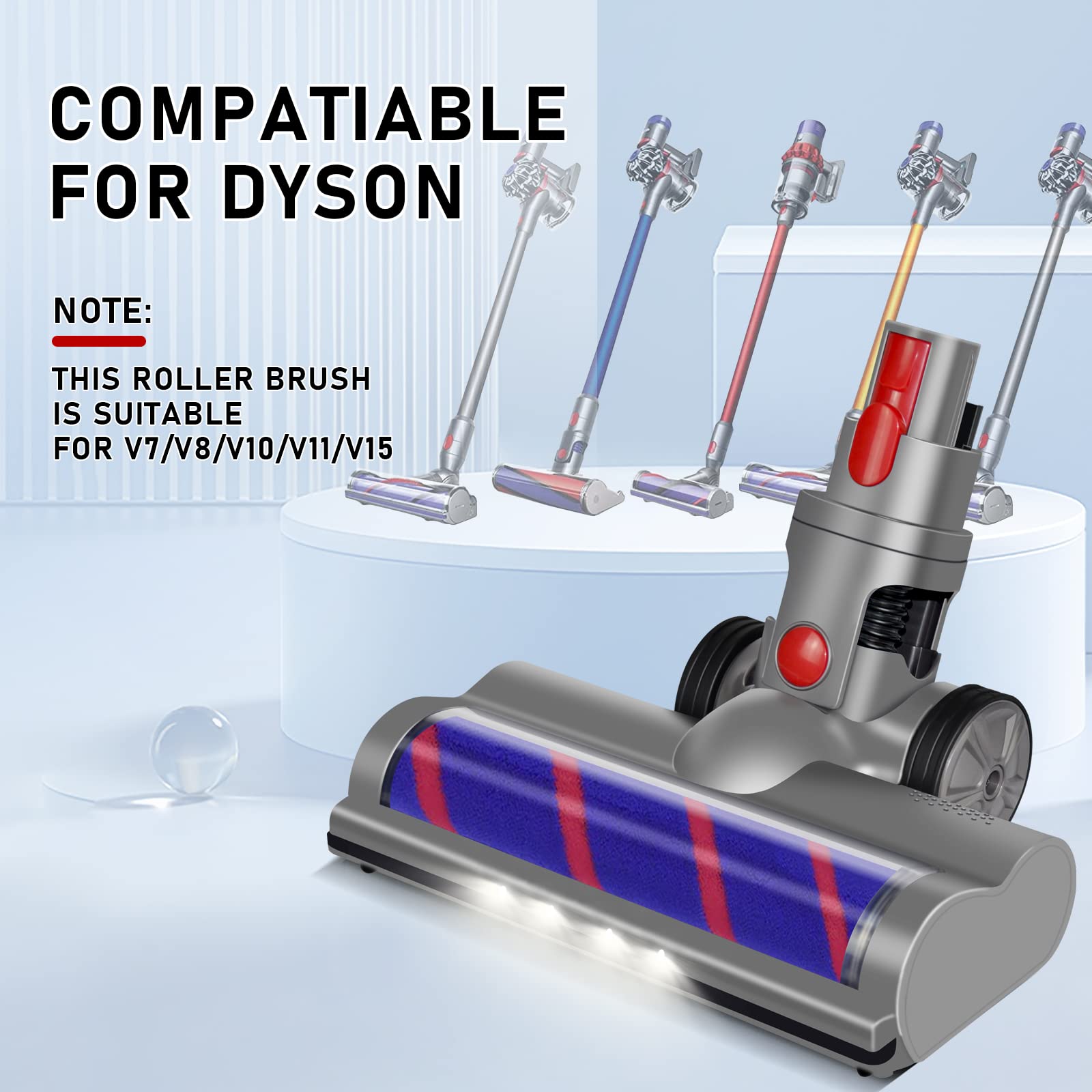 ALSTON Soft Roller Cleaner Head Hardwood Floor Brush Attachment Compatible Motorhead Replacement for Dyson V7 V8 V10 V11 V15 Vacuum Cleaner with LED Headlight