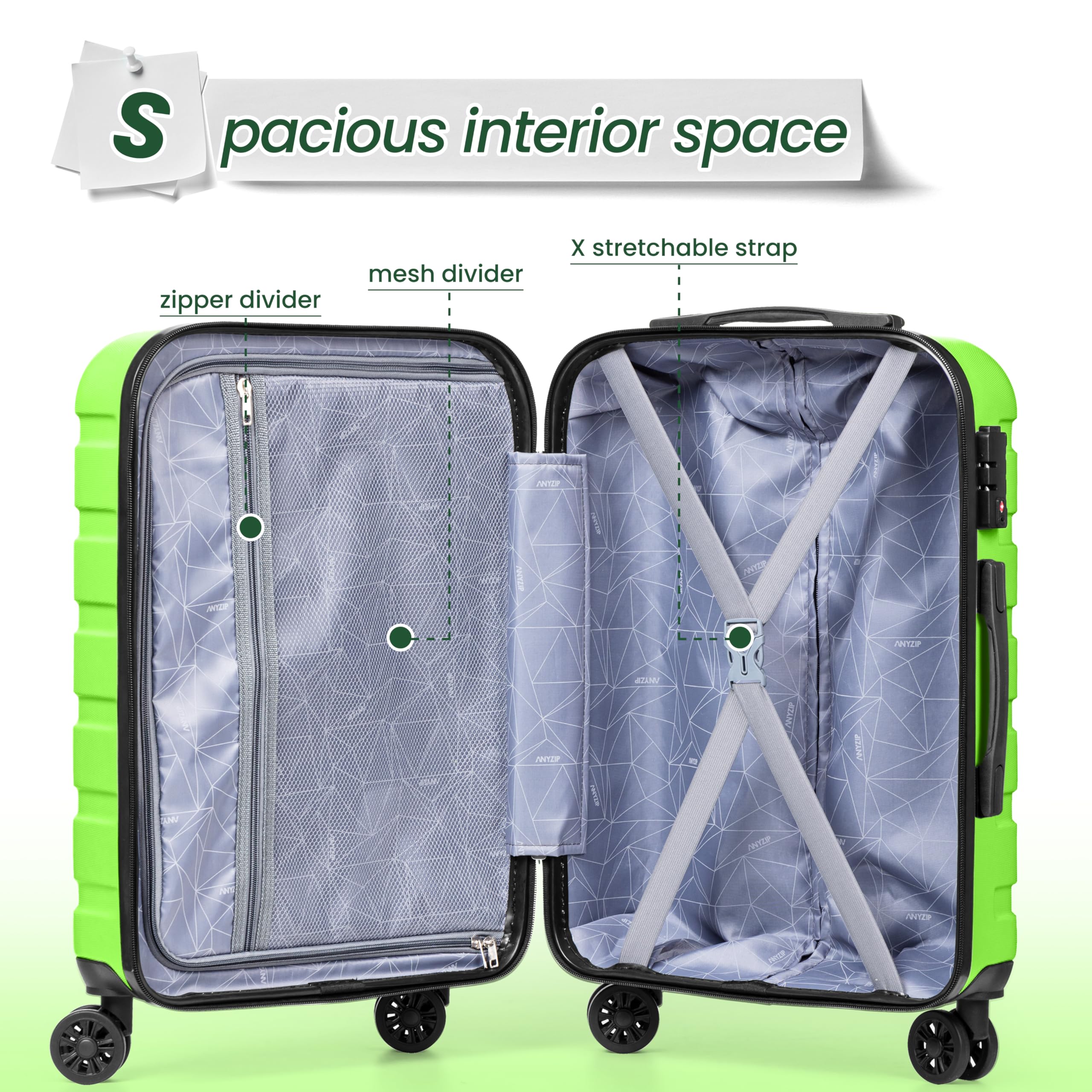 AnyZip Luggage PC ABS Hardside Lightweight Suitcase with 4 Universal Wheels TSA Lock Carry-On 20 Inch Apple Green