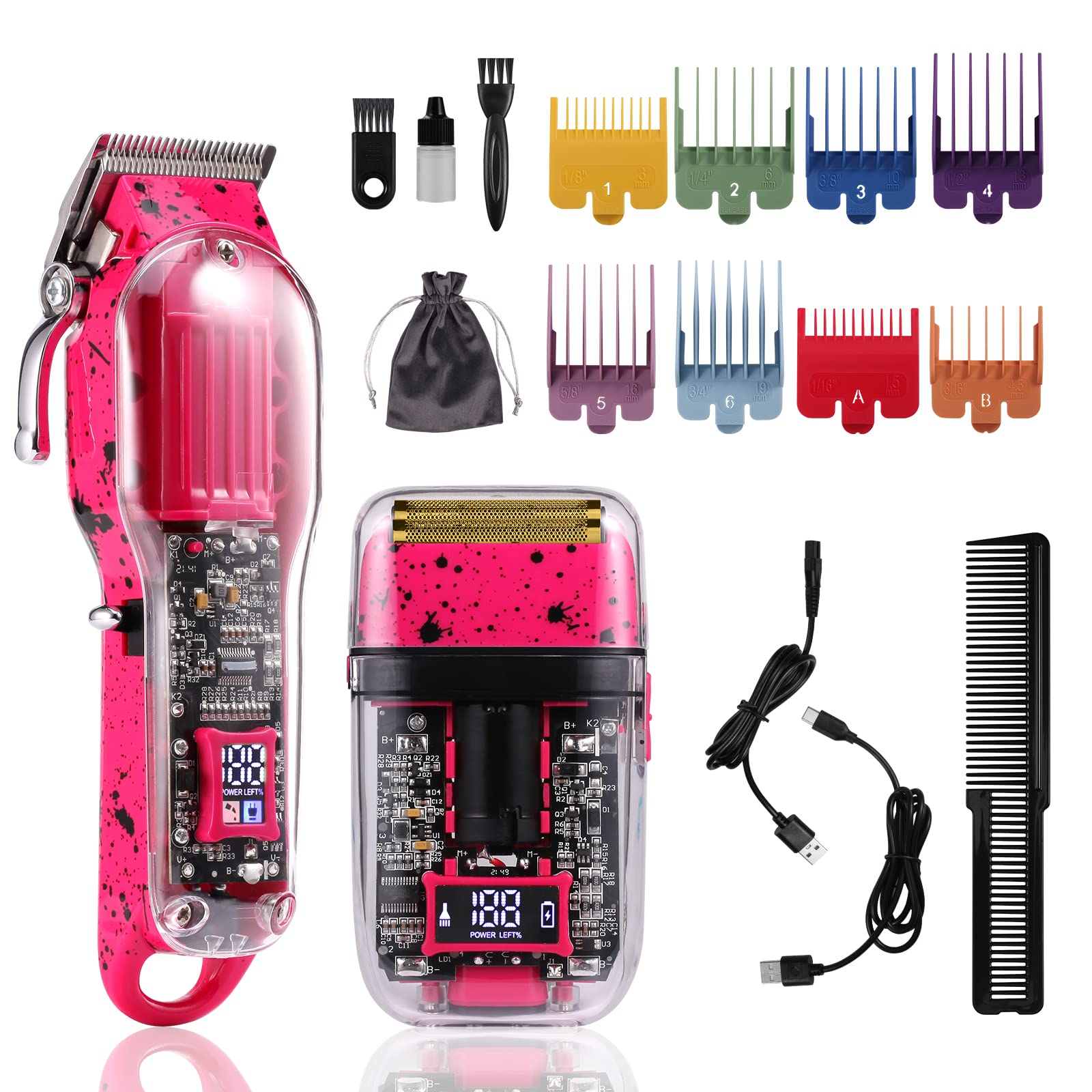 Clear Hair Clippers for Men & Foil Shaver, Transparent Back Cover Hair Cutting Kit Pro Hair Clippers for Men Professional Barber Clippers Cordless Beard Trimmer Hair Trimmer(rose Red)