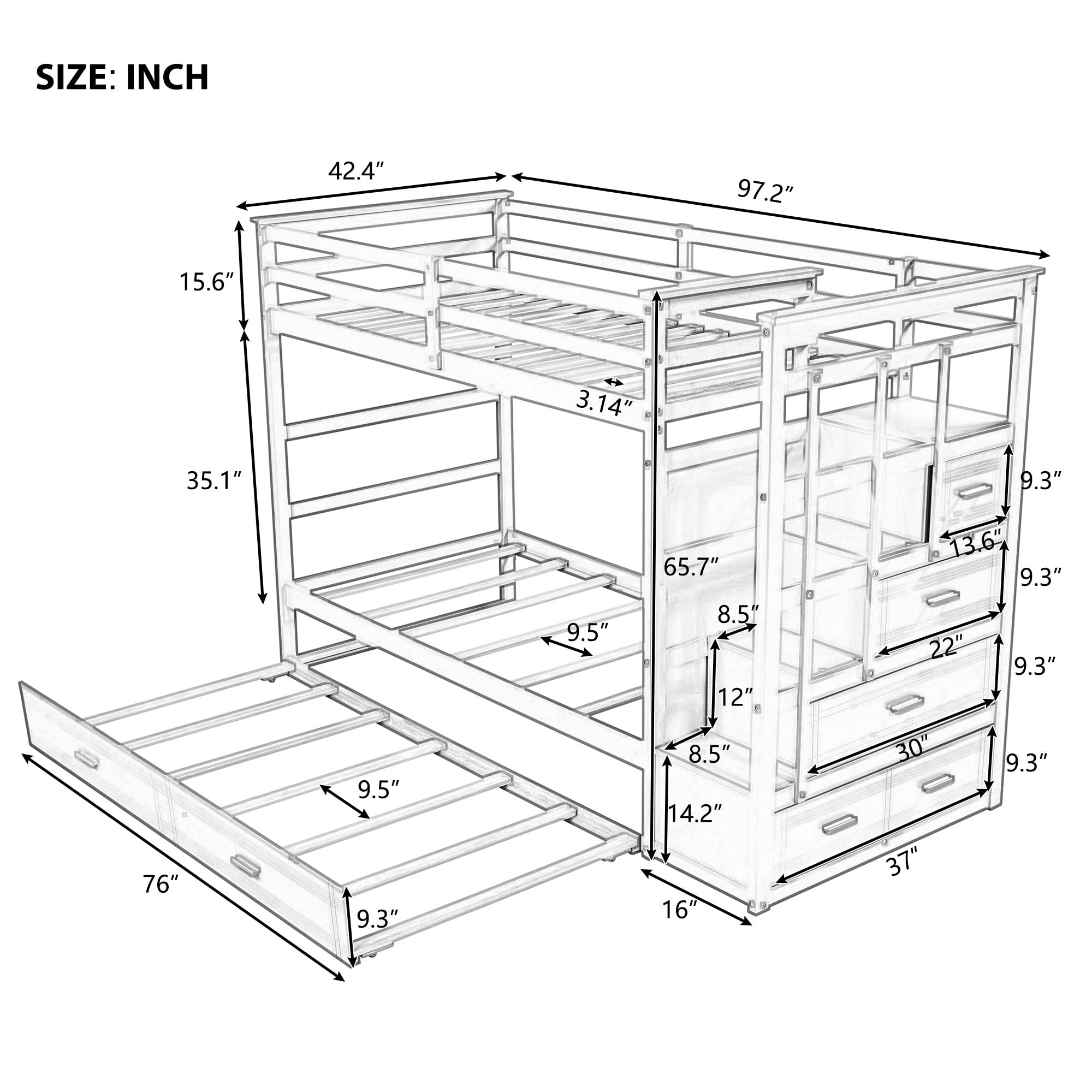 P PURLOVE Twin Over Twin Bunk Bed with Twin Size Trundle,Wood Bunk Bed Twin Size with Staircase,Kids Bunk Bed with Storage Drawers for Boys Girls Teens
