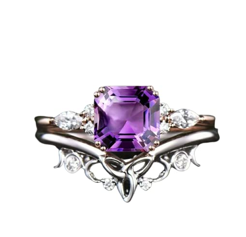Asscher cut natural purple Amethyst engagement ring set solid 14k white gold PLATED SILVER art deco unique diamond wedding bridal ring set women jewelry (WHITE GOLD, 11)