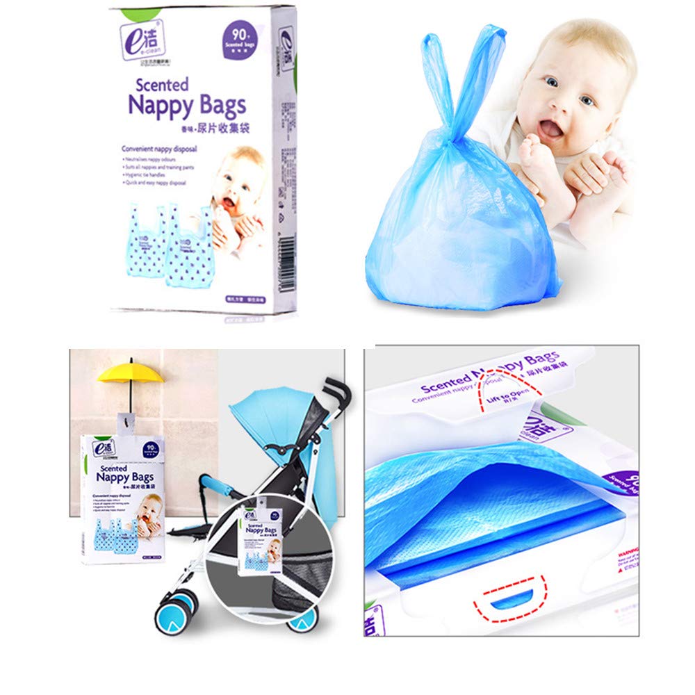 Baby Disposable Diaper Sacks Bags Dispenser Power Scented Nappy Disposal Bags Easy-Tie for Travel (Blue,90-Count)