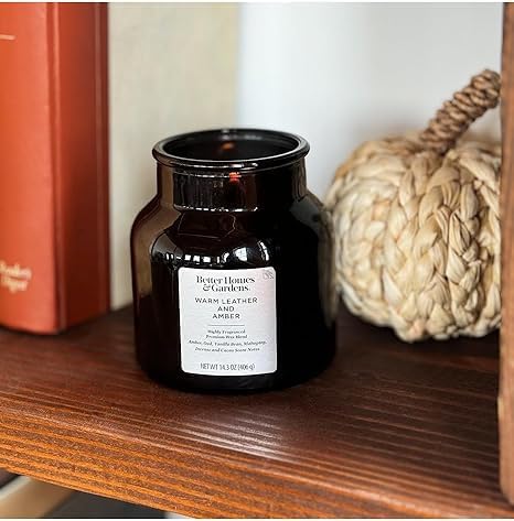 Better Homes & Gardens Warm Leather & Amber Scented Wooden Wick Candle, 14 oz Jar
