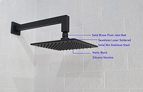 Aquaiaw Fixed Rain Fall Shower Head, Seamless Laser Soldered Solid 304 Stainless Steel, 1-Piece Construction, Wall Ceiling High Pressure Head Shower, 2.5GPM, Brass Joint (8 inch Square, Matte Black)