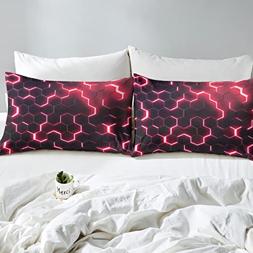 Feelyou 3D Honeycomb Duvet Cover Twin Size Geometry Hexagon Comforter Cover Glitter Print Bedding Set Red Bedspread Cover for Kids Boys Girls Adults 2Pcs