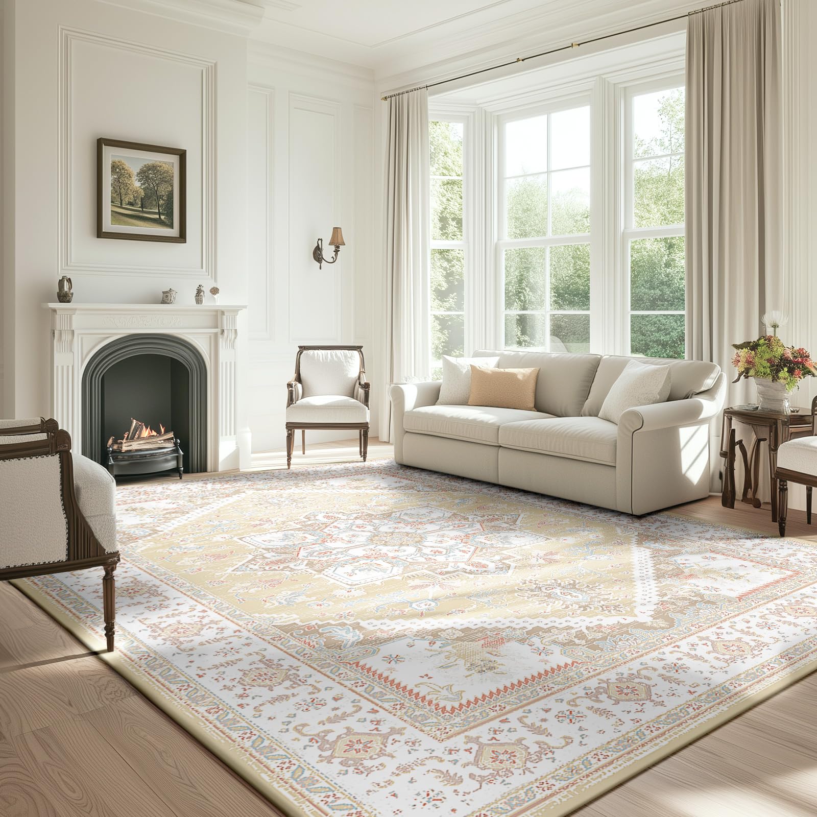 BESTSWEETIE Area Rug 8x10 for Living Room, Washable Rug 8x10, Non Slip Water Repellent Floor Carpet, Low Pile Soft Vintage Rug for Bedroom Dining Room Indoor-Cream/Light Yellow/Brown/Blue/Pink