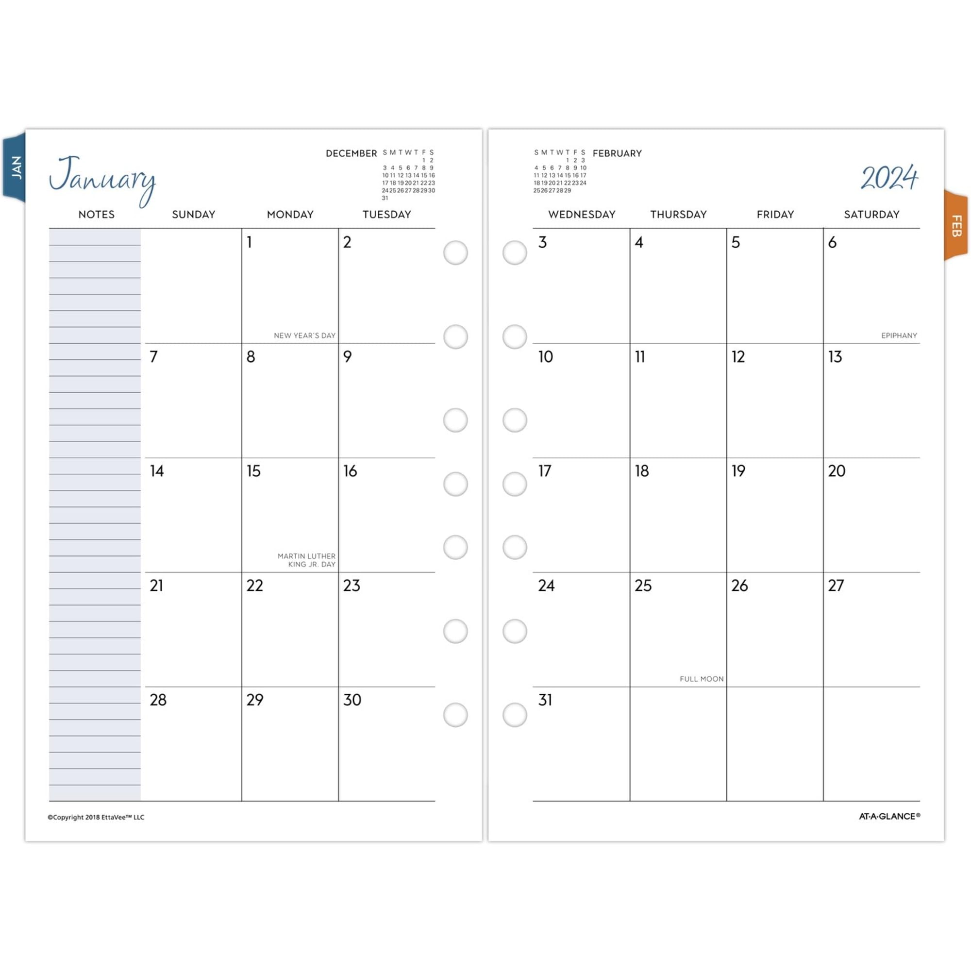 AT-A-GLANCE® EttaVee Monthly Planner Refills, 5-1/2" x 8-1/2", January to December 2024