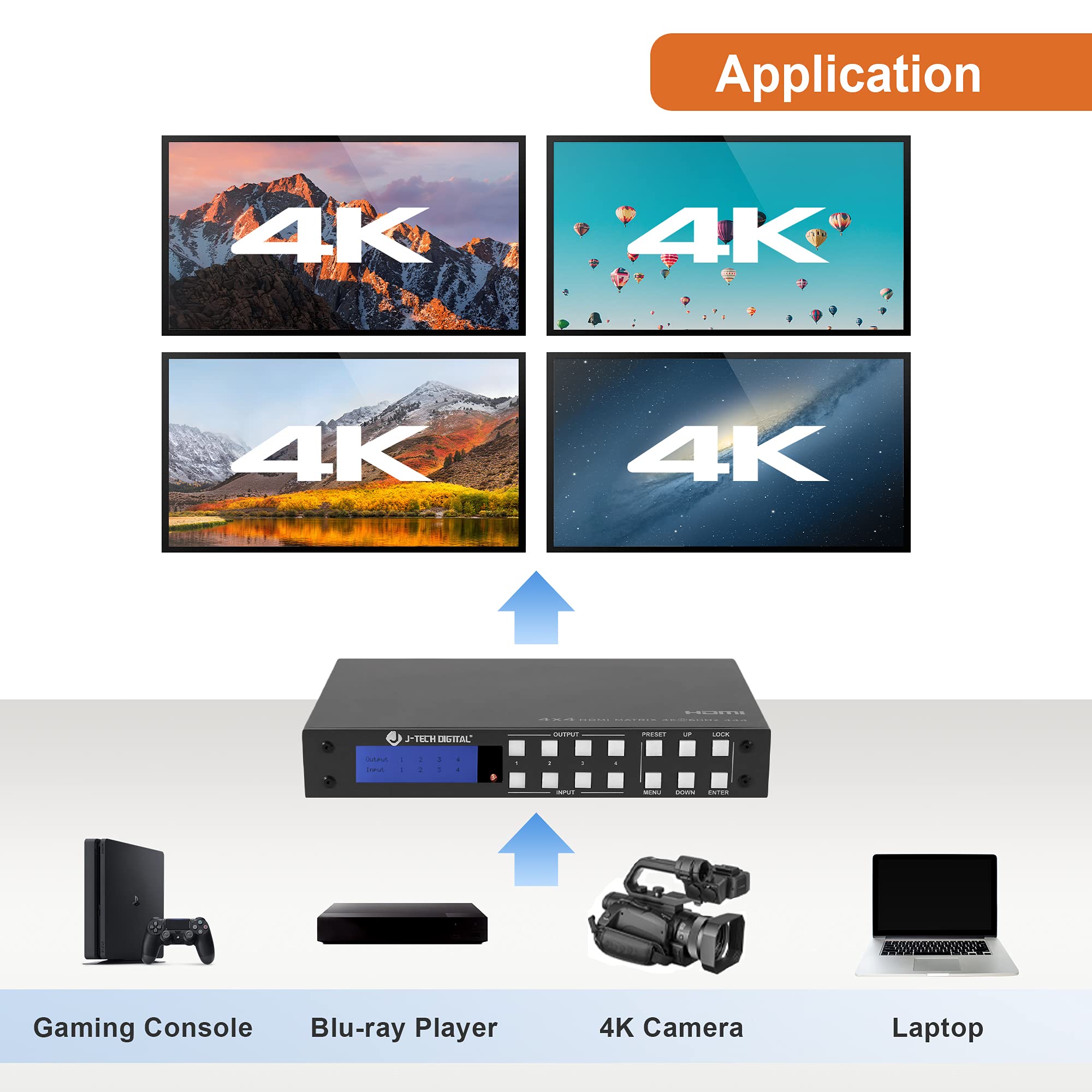 J-Tech Digital 4K 4x4 HDMI Matrix Switch HDMI2.0 4K 60Hz 4:4:4 HDR Compatible with Dolby Vision, with Audio Outputs, Display Panel, Web GUI Control, J-Tech Digital Control App [JTECH-4KM44A]