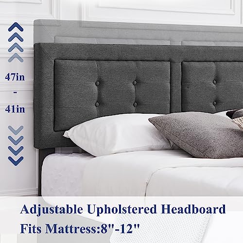 VECELO Queen Size Upholstered Bed Frame with Height Adjustable Fabric Headboard, Heavy-Duty Platform Bedframe/Mattress Foundation/Strong Wood Slat Support/No Box Spring Needed, Grey