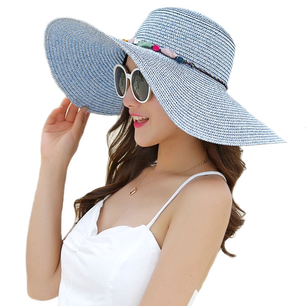 Adrinfly Women Floppy Beach Hat, Wide Brim Straw Sun Hat, Travel Foldable Packable Adjustable Summer Accessories UV UPF 50+ Navy
