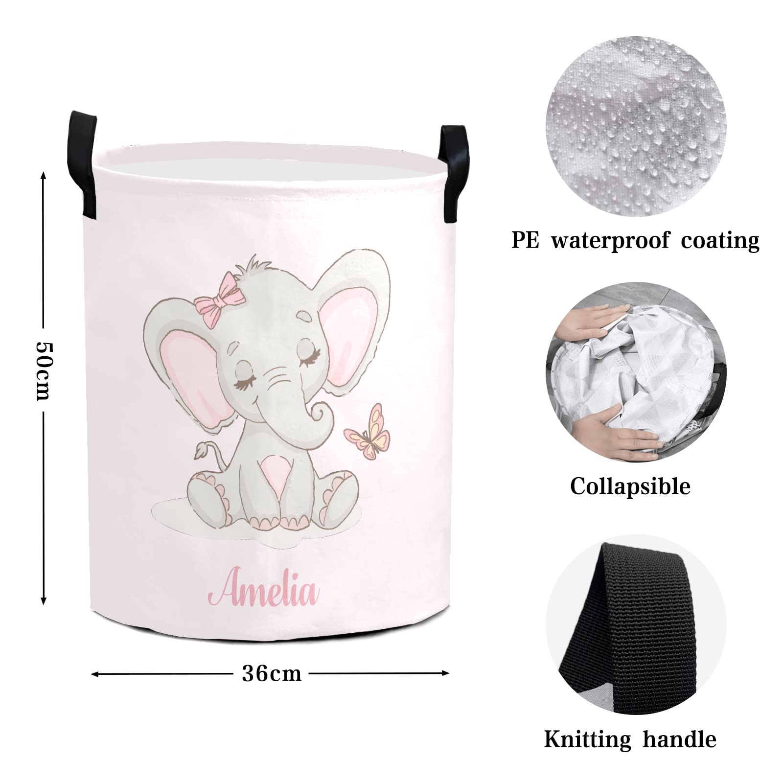 Baby Elephant Personalized Laundry Basket Clothes Hamper with Handles Waterproof,Collapsible Laundry Storage Baskets for Bathroom,Bedroom Decorative 19.7"Hx14.2"D