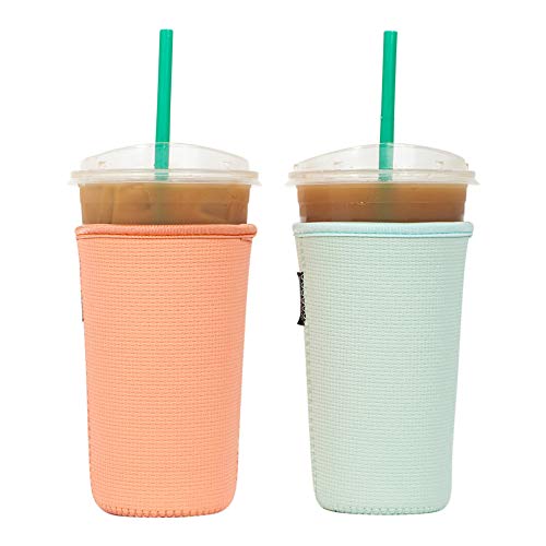 Baxendale Iced Coffee Sleeve for Cold Drink Cups - 2 Pack Neoprene Iced Coffee Sleeve Cup Sleeves for Cold Drinks, Reusable Compatible with Starbucks Dunkin - Large 32oz (Peach & Mint Textured)