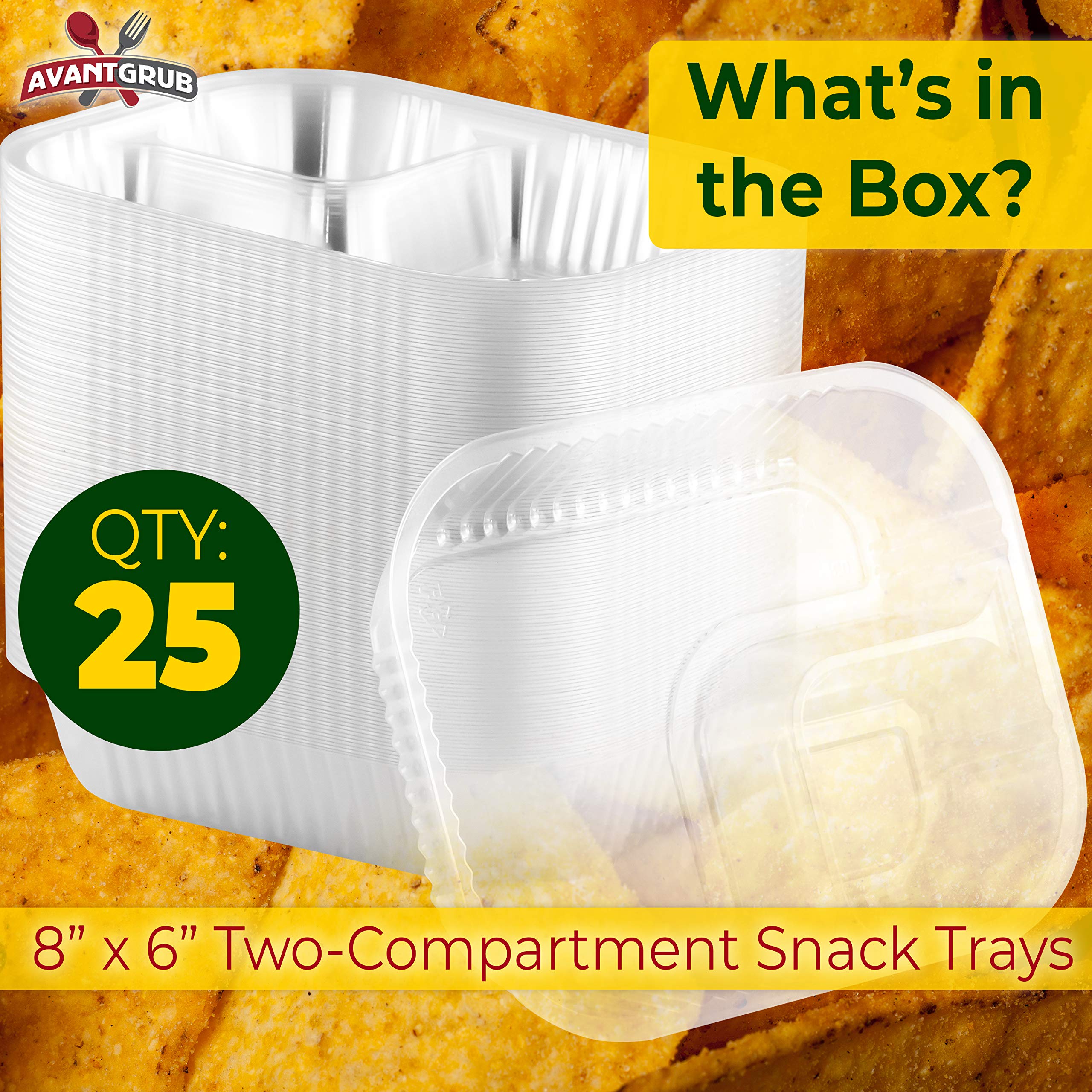 Anti-Spill, Large 6x8 Inch Plastic Nacho Trays 25 Pack. Reusable 2 Compartment Boats Great for Dips, Snacks, Fair Foods. Portable Nacho Chip Holders for School Carnivals, Parties, Concession Stands