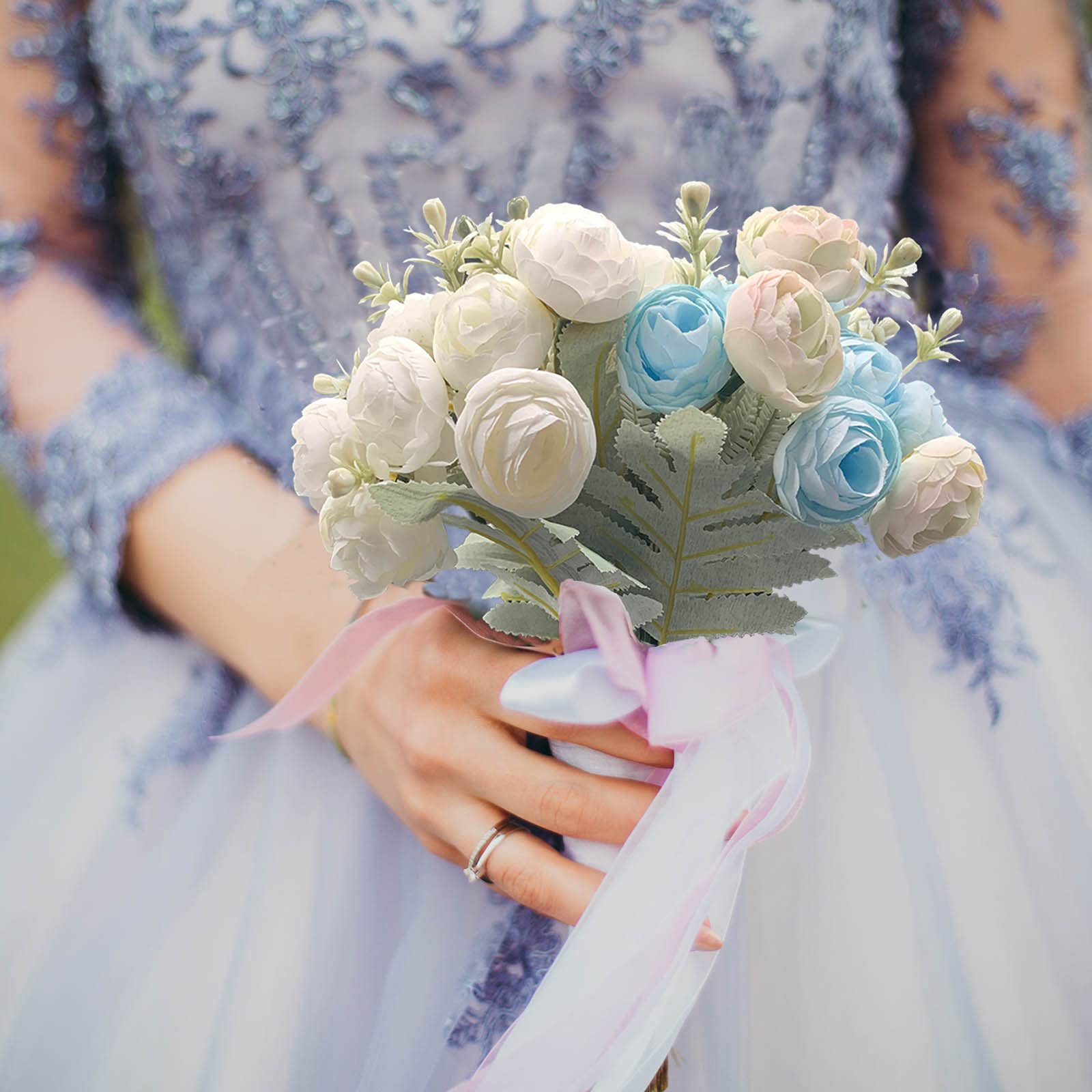 JANESOTO 2 Bundles 36 Artificial Flowers Fake Roses with Stems,Silk Bouquet Home Decorations for Office Table,Garden Party,Bridal,Bedroom,Kitchen Without Vase (White and Blue)