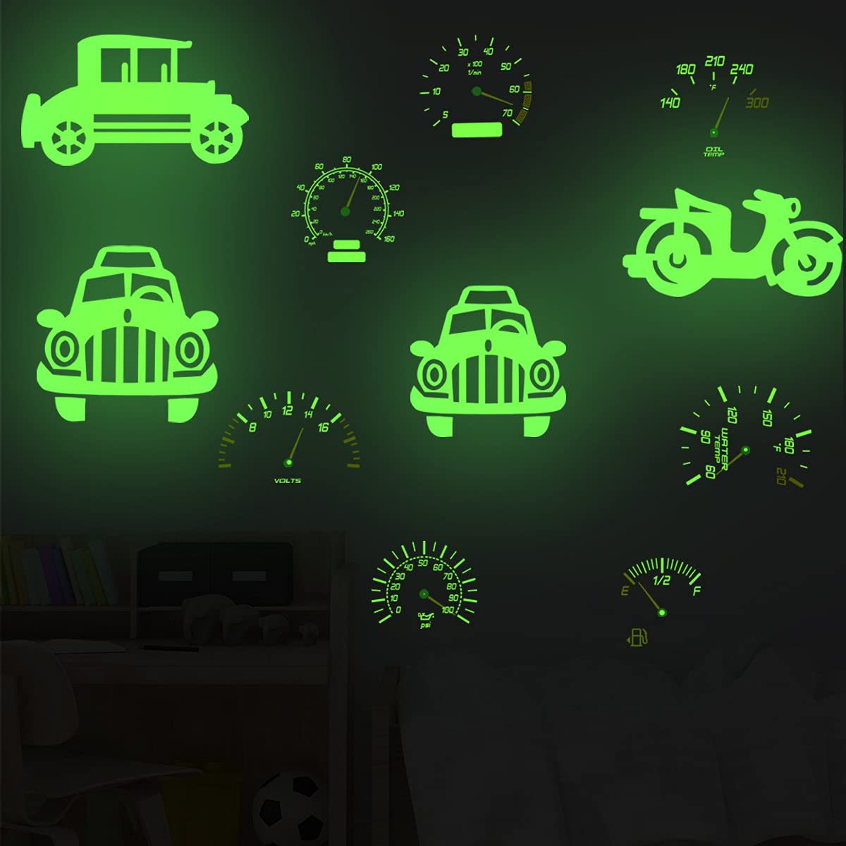 Arquiel Car Wall Decals Glow in The Dark Motorcycle Dashboard Wall Stickers for Baby Boys Bedroom Ceiling Nursery Playroom
