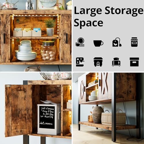 IRONCK Sideboard Buffet Cabinet with LED Light & Charging Station, Coffee Station Table, Bar Storage for Kitchen, Dining Room, Living Room, Vintage Brown