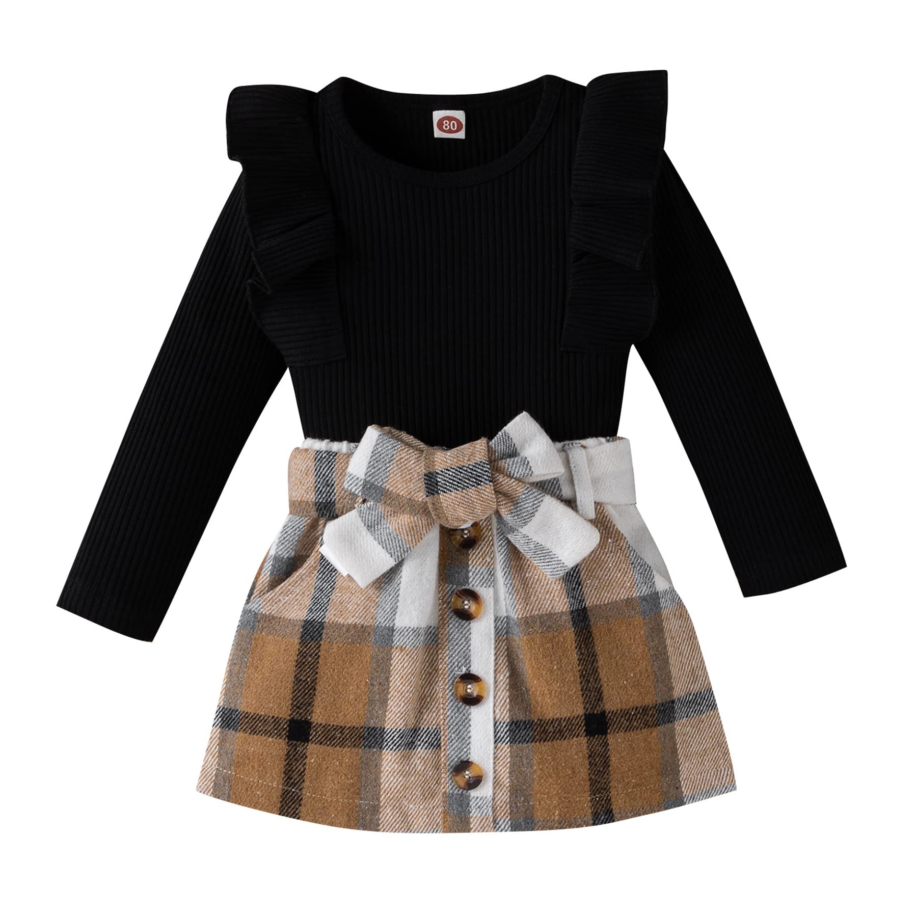 Amberetech Baby Girl Clothes Set Knitted Ribbed Ruffle Long-Sleeved Top and Aolid Color Button Skirt Fall Clothes Set (3-4Years)