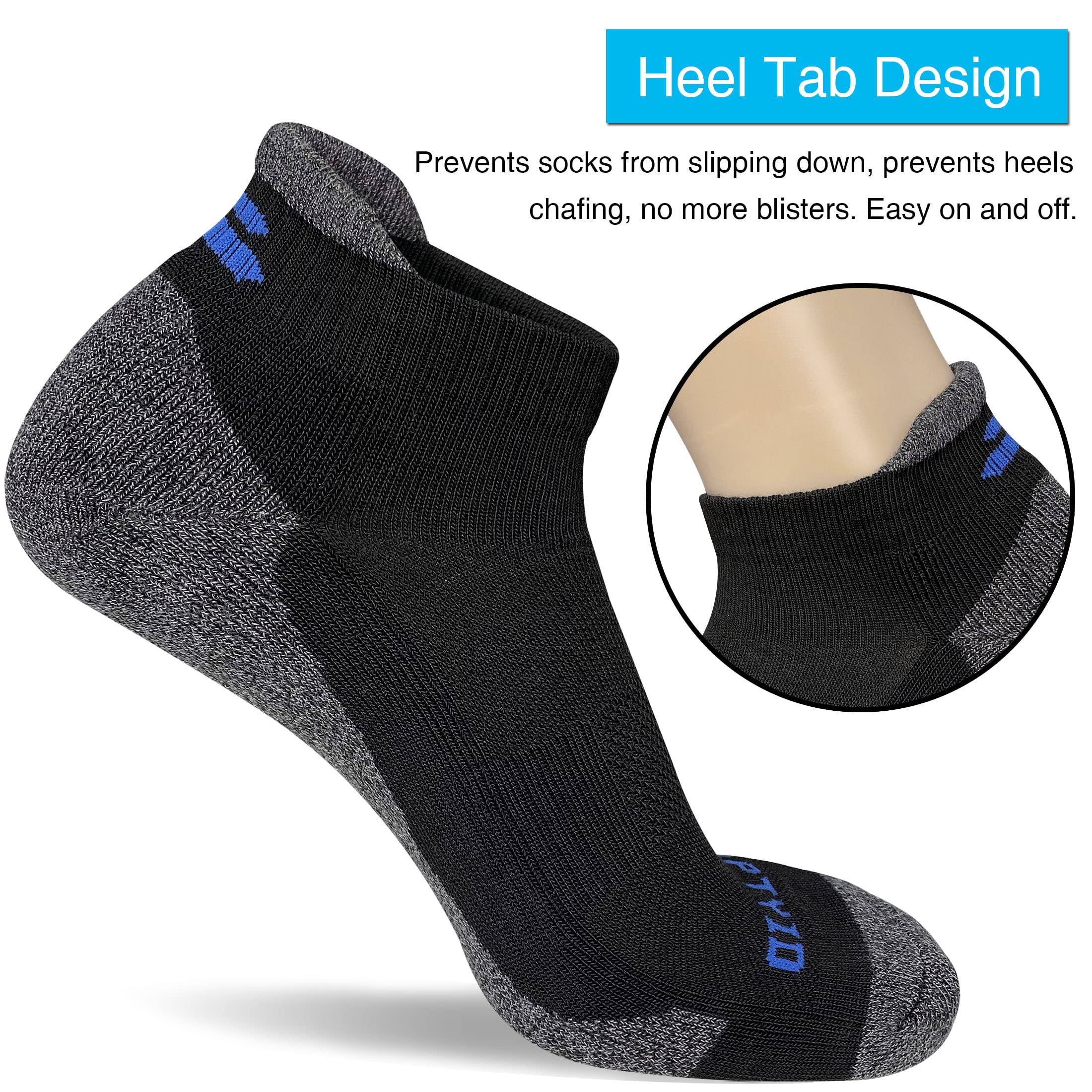 APTYID Men's Performance Cushion Ankle Athletic Running Socks, Black, Size 9-12, 6 Pairs