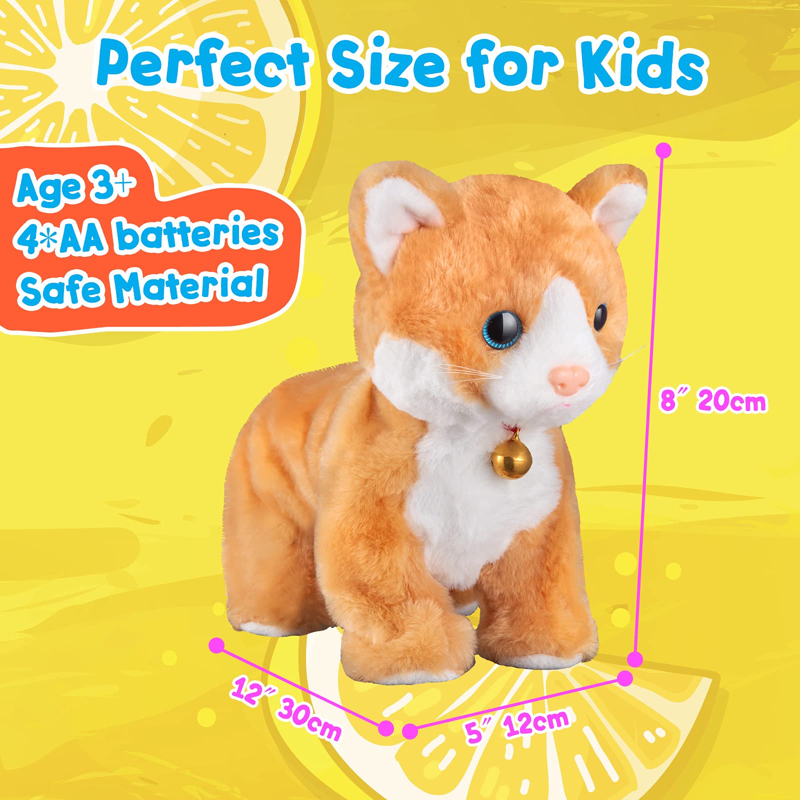 HCdoujoy 12" Yellow Plush Interactive Robot Cat Toy - Touch Control, Animated, Meow & Barking, for Kids 3+ Years
