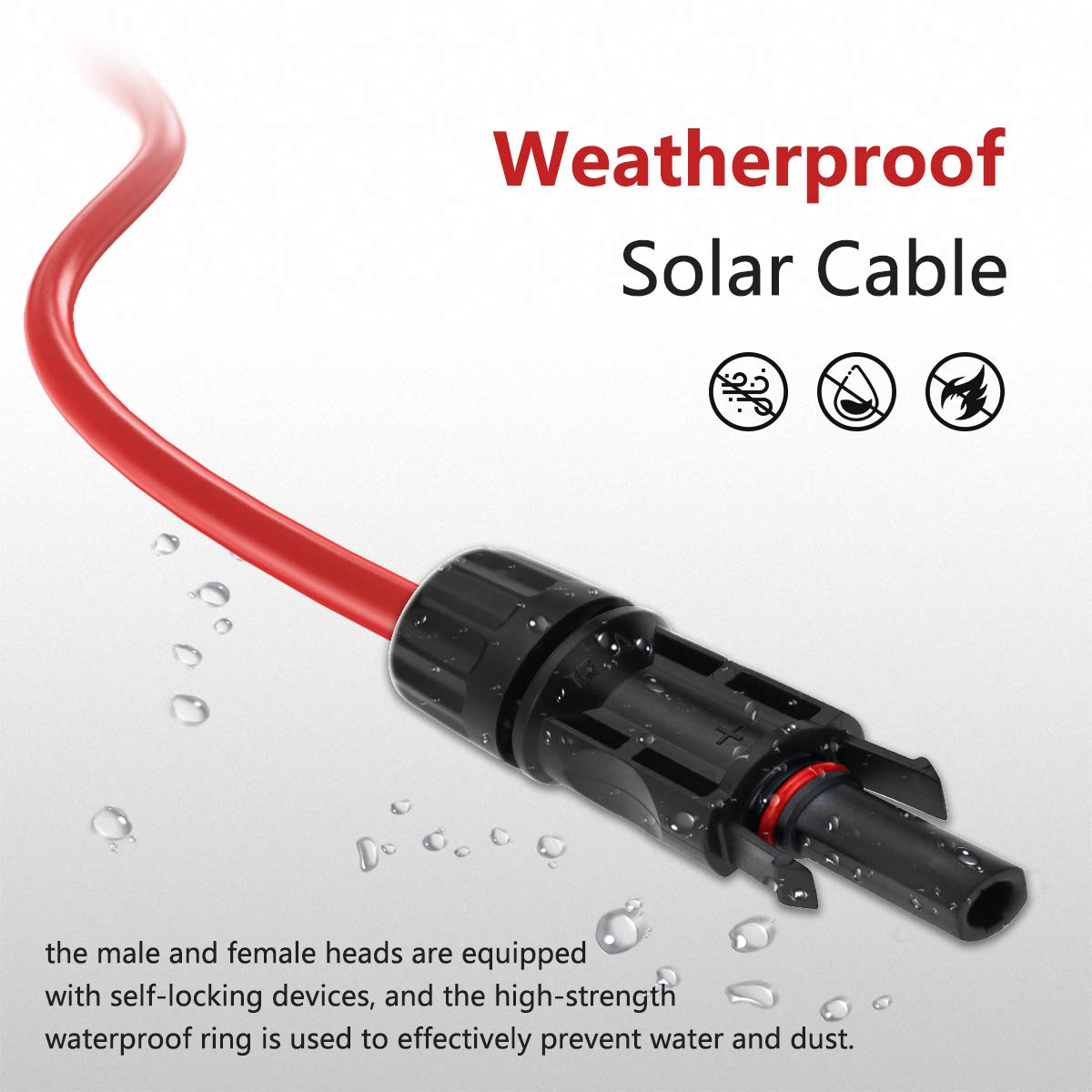 Ancable 20-Feet Solar Extension Cable, 1-Pair 10AWG Solar Panel Cable Wire with Male and Female Weatherproof Connector (20ft Red + 20ft Black)