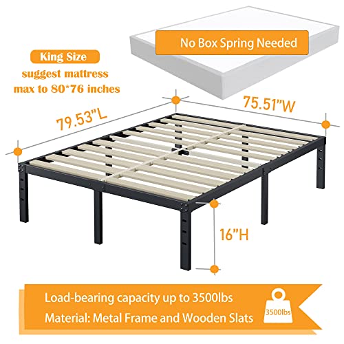 ZIYOO King Bed Frame 16 Inches Tall, 3 Inches Wide Wood Slats with 3500 Pounds Support, No Box Spring Needed for Foam Mattress, Underbed Storage Space, Easy Assembly, Noise Free-Black