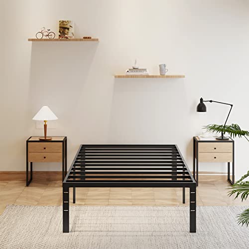 Vengarus 18inch Tall Heavy Duty Twin Bed Frame No Box Spring Needed, Metal Platform Bed Frame Twin with Steel Slat, Easy Assembly, Noise Free, Black