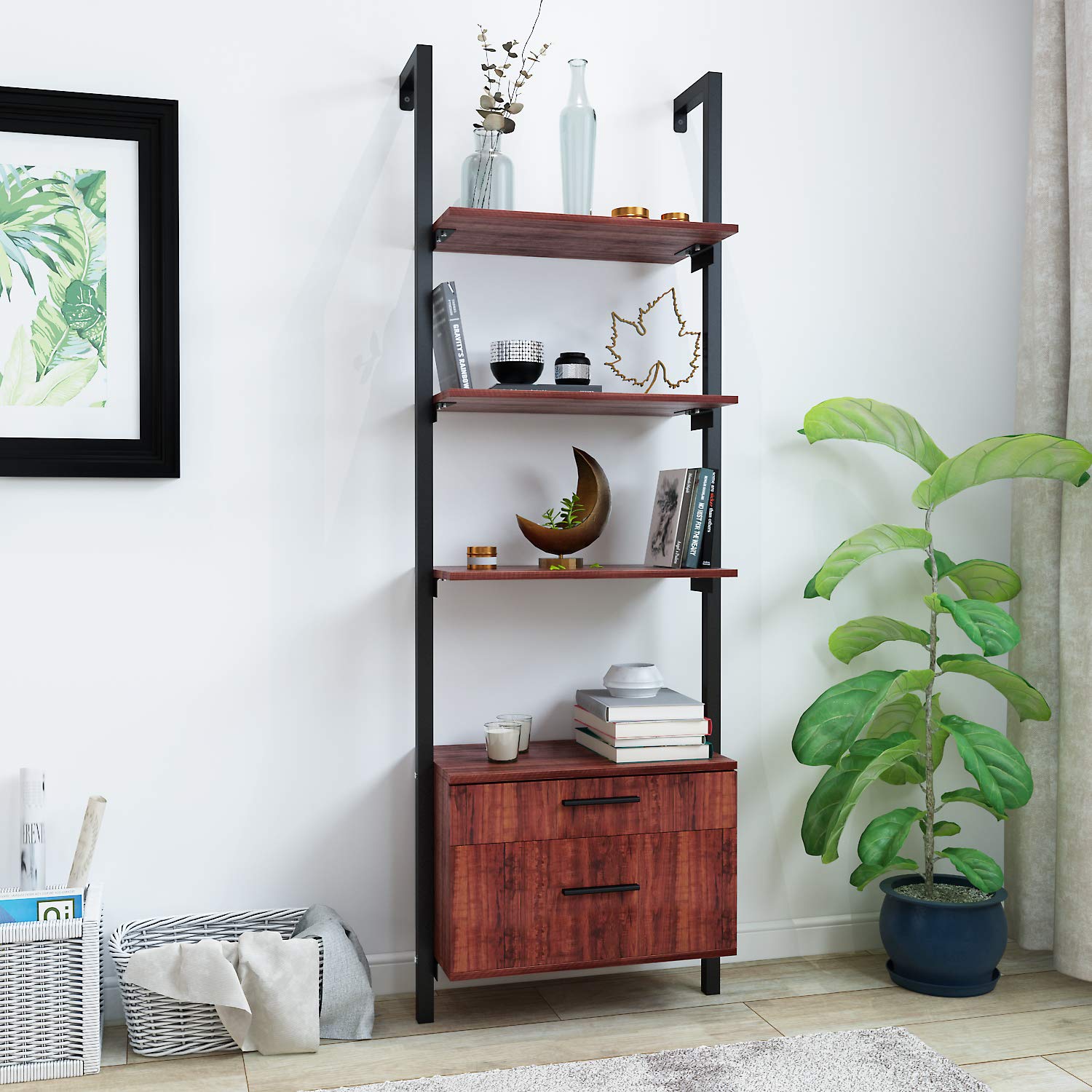 AECOJOY Wall Mounted Industrial 3-Tier Bookshelf with 2 Wood Drawers and Matte Steel Frame Ladder Shelf Bookcase, Ideal for Bathroom Home Office, Black