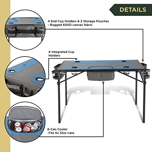 ARROWHEAD OUTDOOR 51” Heavy-Duty Portable Folding Table, 8 Cup Holders, Integrated Cooler, 2 Side Storage Pouches, No Sag Surface, Carrying Case, Steel Frame, High-Grade 600D Canvas, USA-Based Support