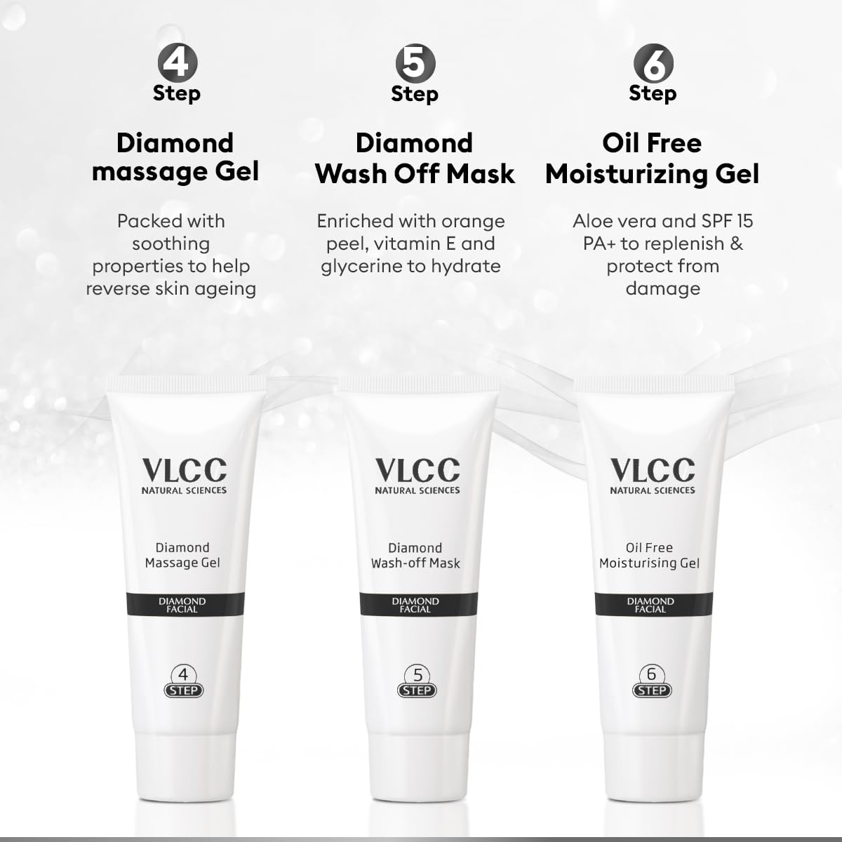 VLCC Party Diamond Facial Kit - Single Use | Salon Like Facial at Home in Just 6-Steps | Includes Cleanser, Scrub, Cream, Face Pack & Moisturizing Gels | 2.12 Oz/60g