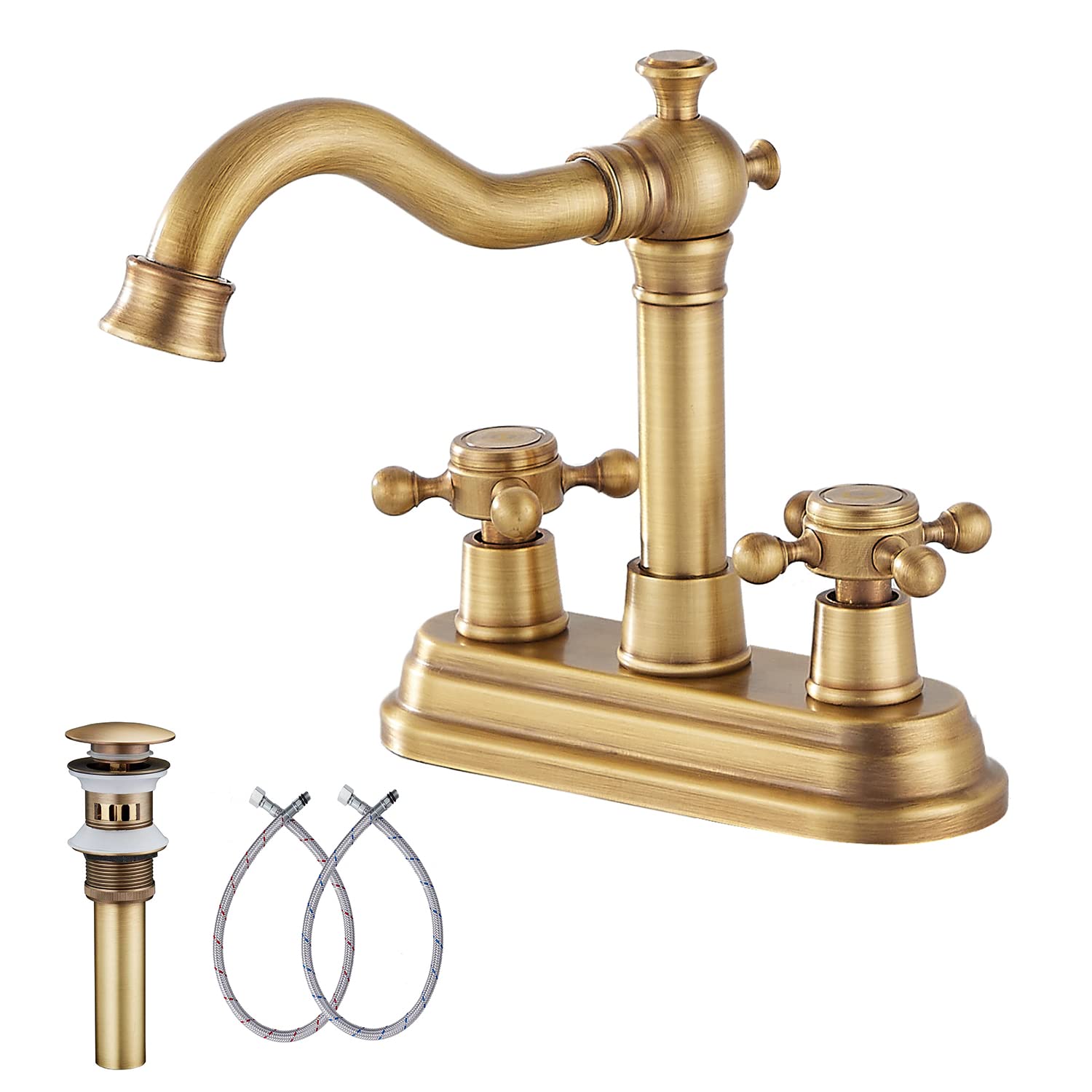 Bathroom Faucet Antique Brass GGStudy 2 Handles 4 Inches Centerset RV Bathroom Vanity Faucet with Drain Assembly and Supply Hose Lavatory Faucet Mixer Double Handle Tap