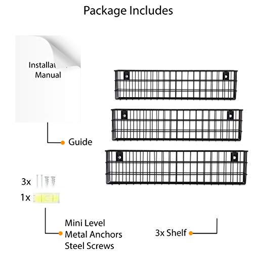 Wall35 Kansas Wall Mounted Metal Wire Baskets for Kitchen Organization and Storage, Varying Sizes Hanging Fruit Basket Set of 3 Black