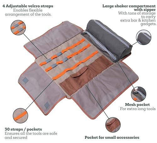 Barillio Bartender Bag Travel Bartender Bag | Waxed Canavs Bar Kit Bag for Carrying Bar Tools | Professional Bartender Roll with Shoulder Strap for Perfect Storage (Bag Only)…