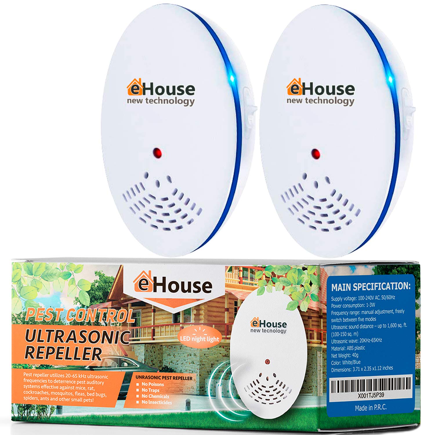 BH-1, Ultrasonic Pest Control Repeller - Electronic & Ultrasound, Indoor Plug-in Repellent - Get rid of - Rodents, Mice, Squirrels, Bats, Insects, Bed Bugs, Ants, Fleas, Spiders, Roaches (2 Pack)