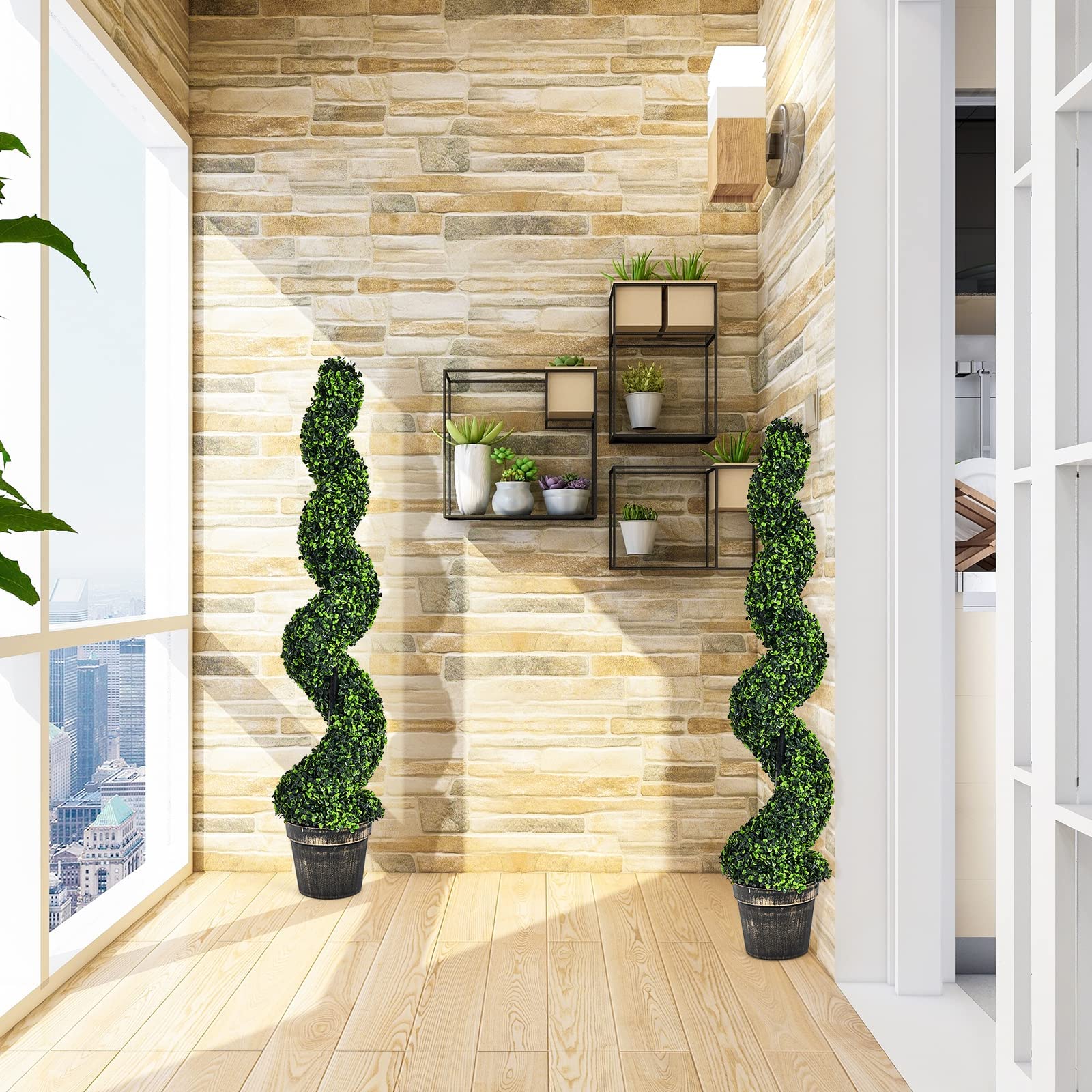 Goplus 4FT Artificial Spiral Boxwood Topiary Tree, 2 Pack Greenery Large Faux Plant in Cement-Filled Plastic Pot, Tall Fake Plant for Indoor Outdoor Home Front Porch Decor