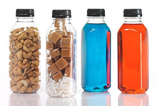 VTM (12) 16 oz. Clear Food Grade Square Plastic Juice Bottles with Black Tamper Evident Caps 12/Pack