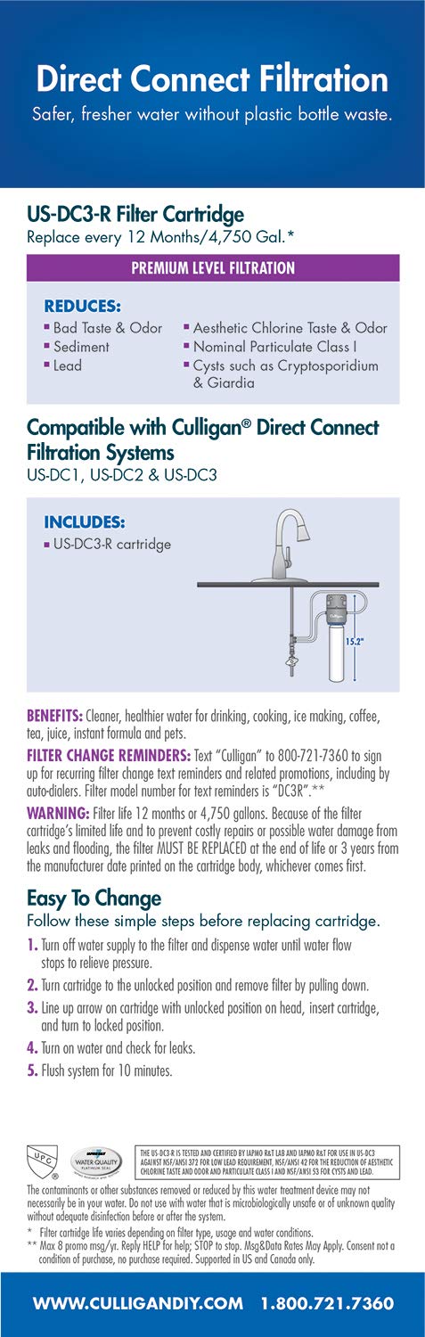 Culligan US-DC3-R Direct Connect Premium Water Filter Replacement Cartridge, 1 Count (Pack of 1), White