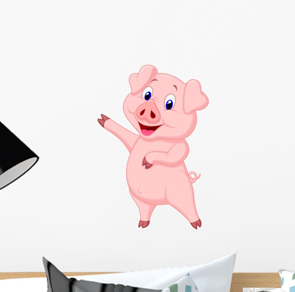 Wallmonkeys Cute Pig Cartoon Presenting Wall Decal Peel and Stick Graphic (12 in H x 8 in W) WM15167