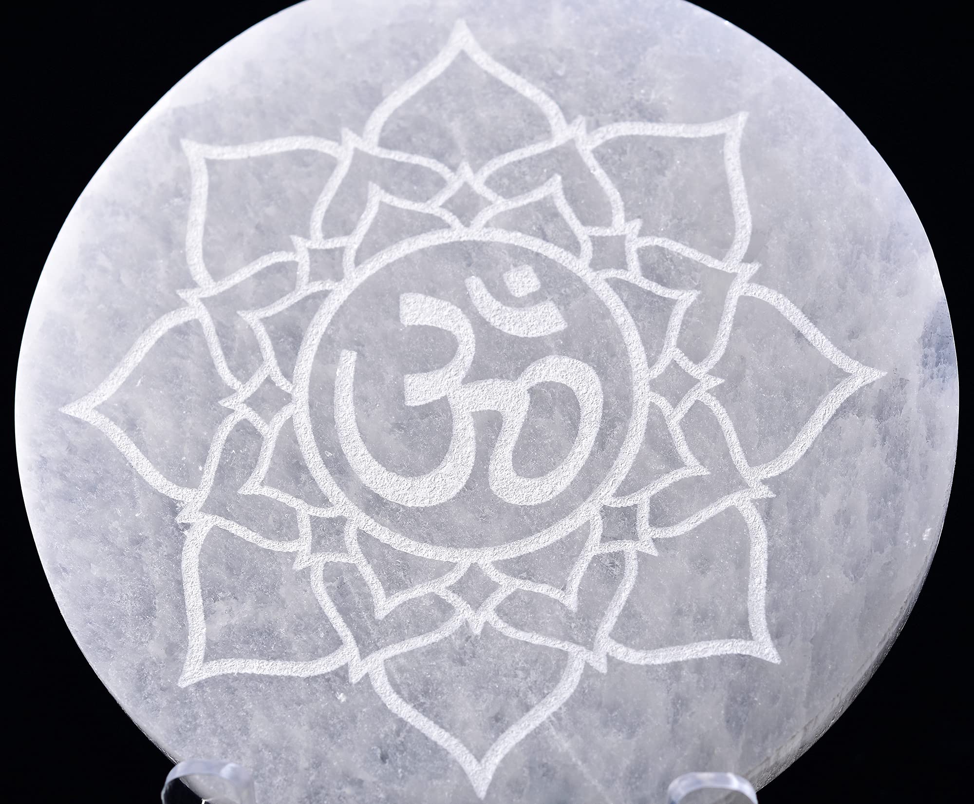 AMOYSTONE 4" Round Selenite Plate Flower Etched Selenite Slab for Cleansing Charging Crystals