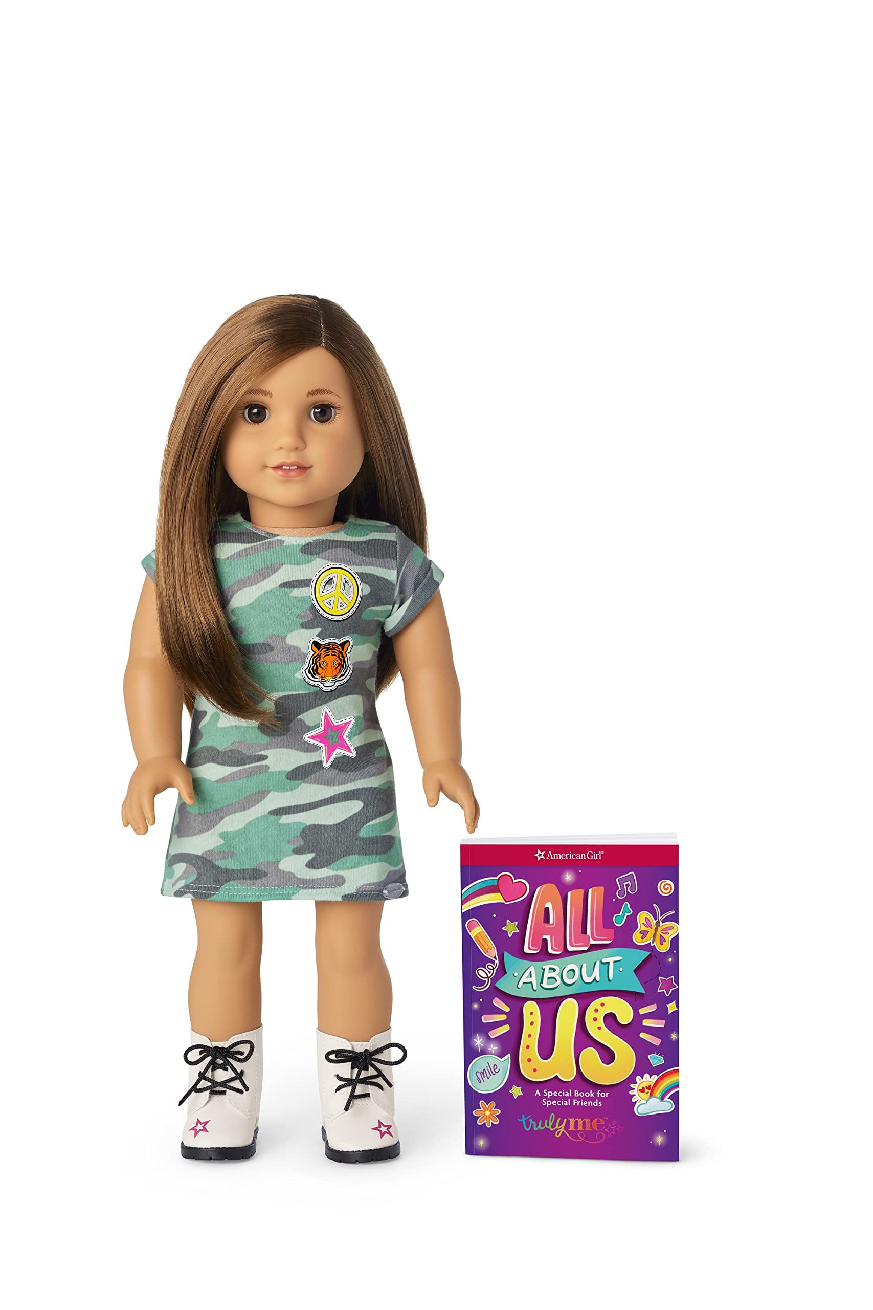 American Girl Truly Me 18-inch Doll #107 with Brown Eyes, Brown Hair, Light-to-Medium Skin, Camo T-shirt Dress, For Ages 6+
