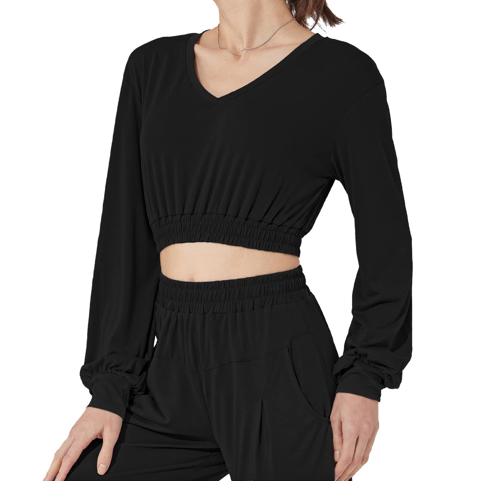 ARECON Long Sleeve Crop Tops Blouses for Women Relaxed Fit V-Neck Cropped Sweatshirt Pullover Athletic Running Workout Tops Black