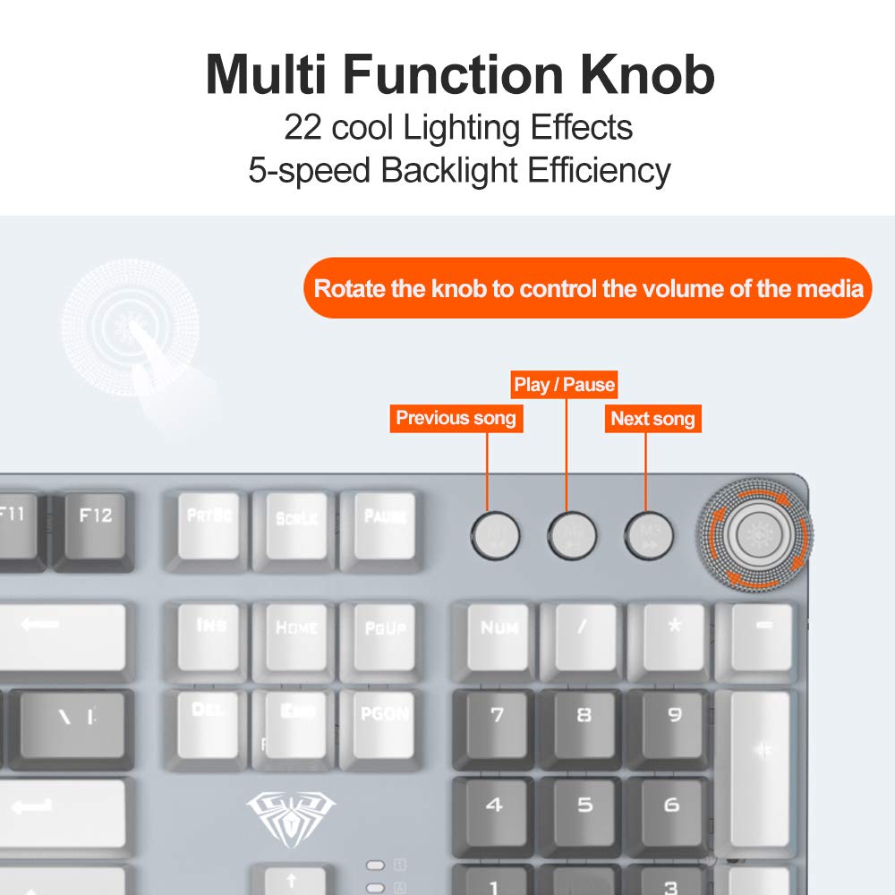 AULA F2088 Grey Mechanical Keyboard Wired with Wrist Rest, Media Knob, PBT Keycaps, White LED Backlit, 104 Keys Programmable Ergonomic Gaming Keyboards for PC MAC Desktop Computer Gamer (Black Switch)