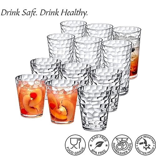 Amazing Abby - Iceberg - 16-Ounce and 24-Ounce Plastic Tumblers (Set of 12), Plastic Drinking Glasses, All-Clear Reusable Plastic Cups, Stackable, BPA-Free, Shatter-Proof, Dishwasher-Safe