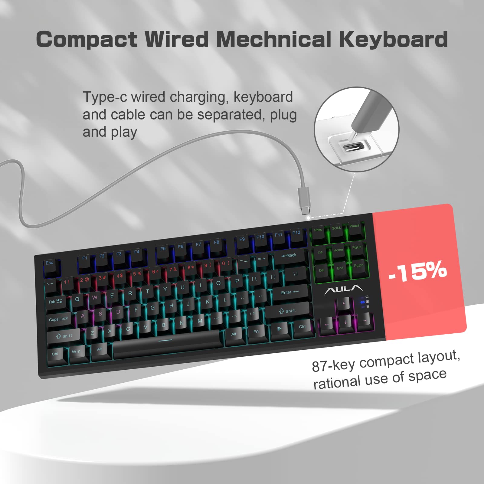 AULA Mechanical Keyboard, 87 Keys RGB Backlight Gaming Keyboard, Compact Wired Computer Keyboards for Windows PC (Black, Brown Switch)
